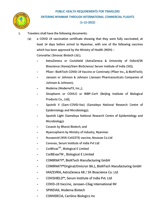 Public Health Requirements For Travelers Entering Myanmar Through ...